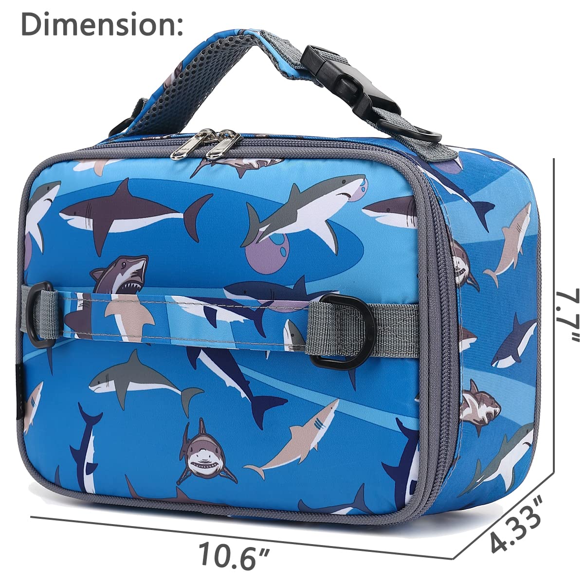 FlowFly Kids Lunch Bag, Durable Insulated School Lunch Box with Shoulder Strap and Bottle Holder, Water-resistant Thermal Small Lunch Cooler Tote for Teen Boys & Girls,Shark