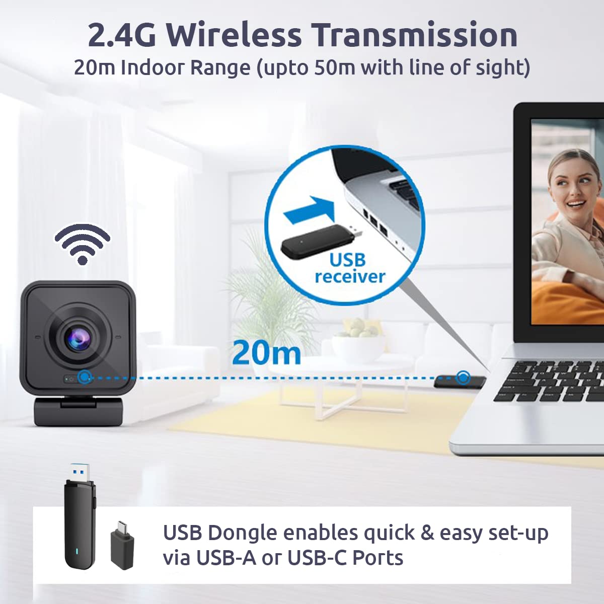 Project Telecom Marconi Wireless HD 1080p Webcam, 2MP, USB-A & USB-C, PC, Laptop, Streaming, Built in Mic, Video Conference Calling, Webinars, Gaming, Compatible with Ecamm Live