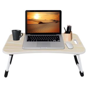 folding lap desk for bed and sofa - portable wide surface bed desk with built-in cup holder and tablet or phone slot for working, studying, eating, and watching movies (beige)