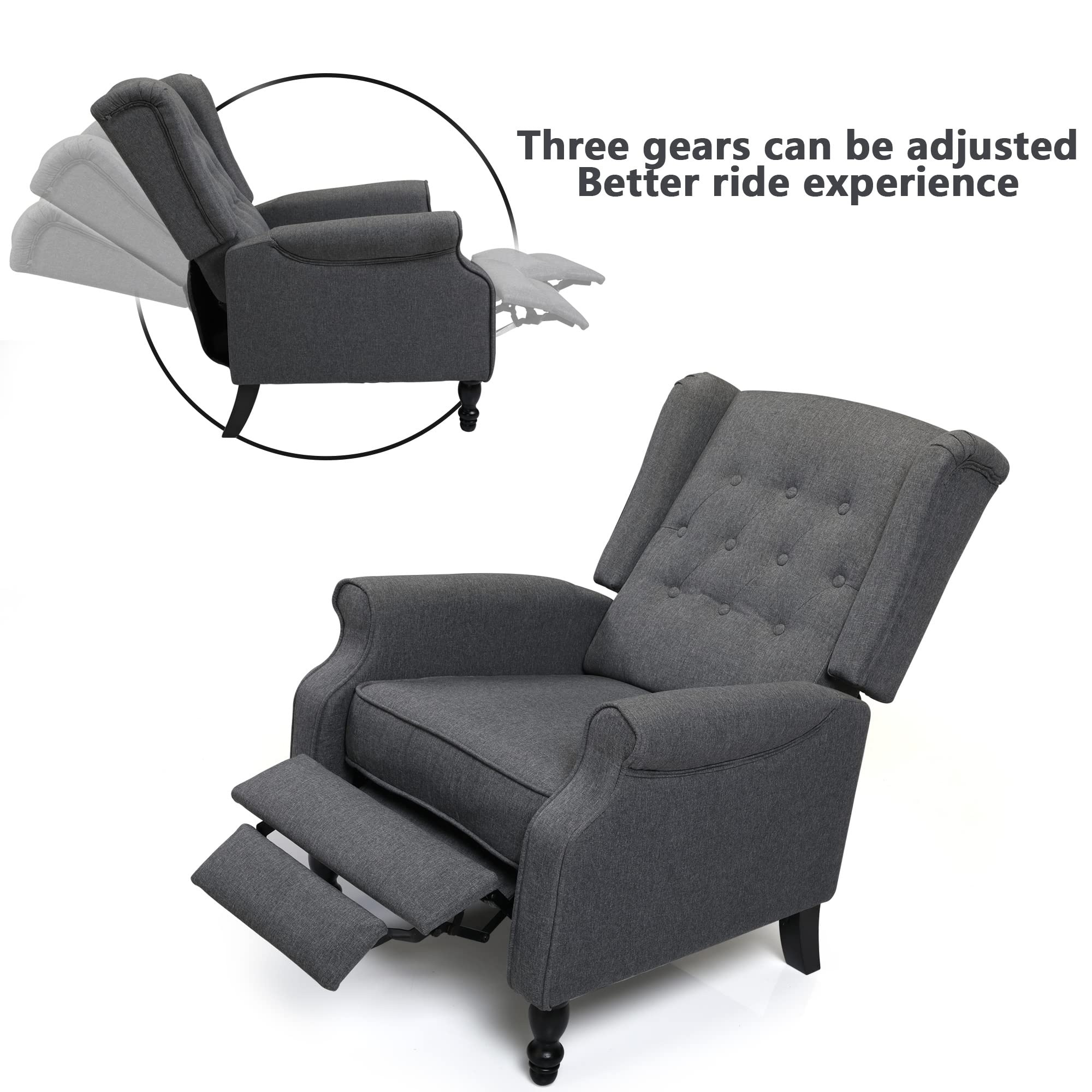 Tufted Accent Chair w/Upholstered Wingback & Padded Seat, Pushback Recliner Armchair for Living Room, Bedroom, Dark Grey (Dark Grey)