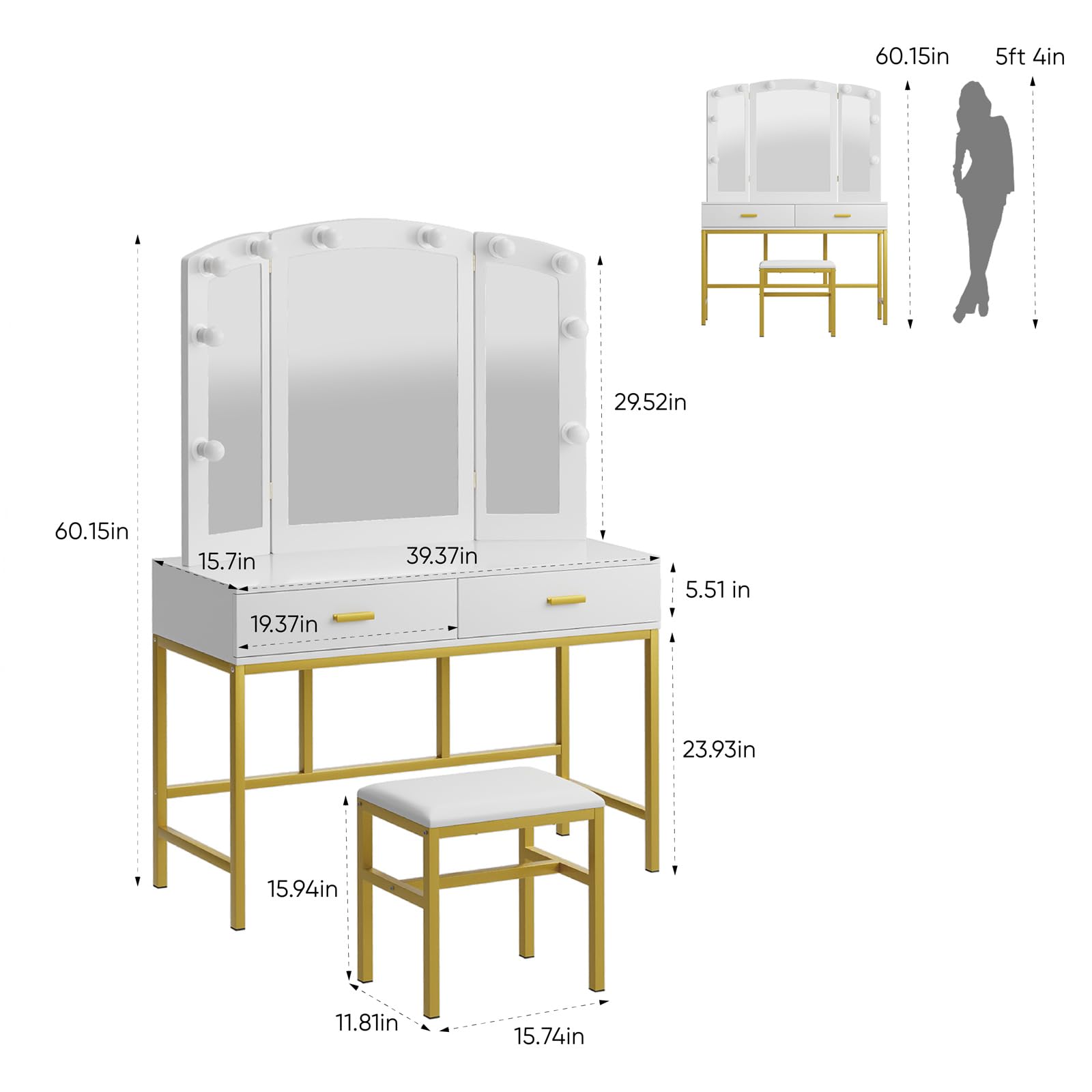 Semiocthome Vanity Desk with Mirror and Lights, Tri-Fold Large Mirror Makeup Vanity Desk with Lights, 60" Tall White Vanity Table with Mirror with Lights and Chairs, Vanities for Women/Girls Bedroom