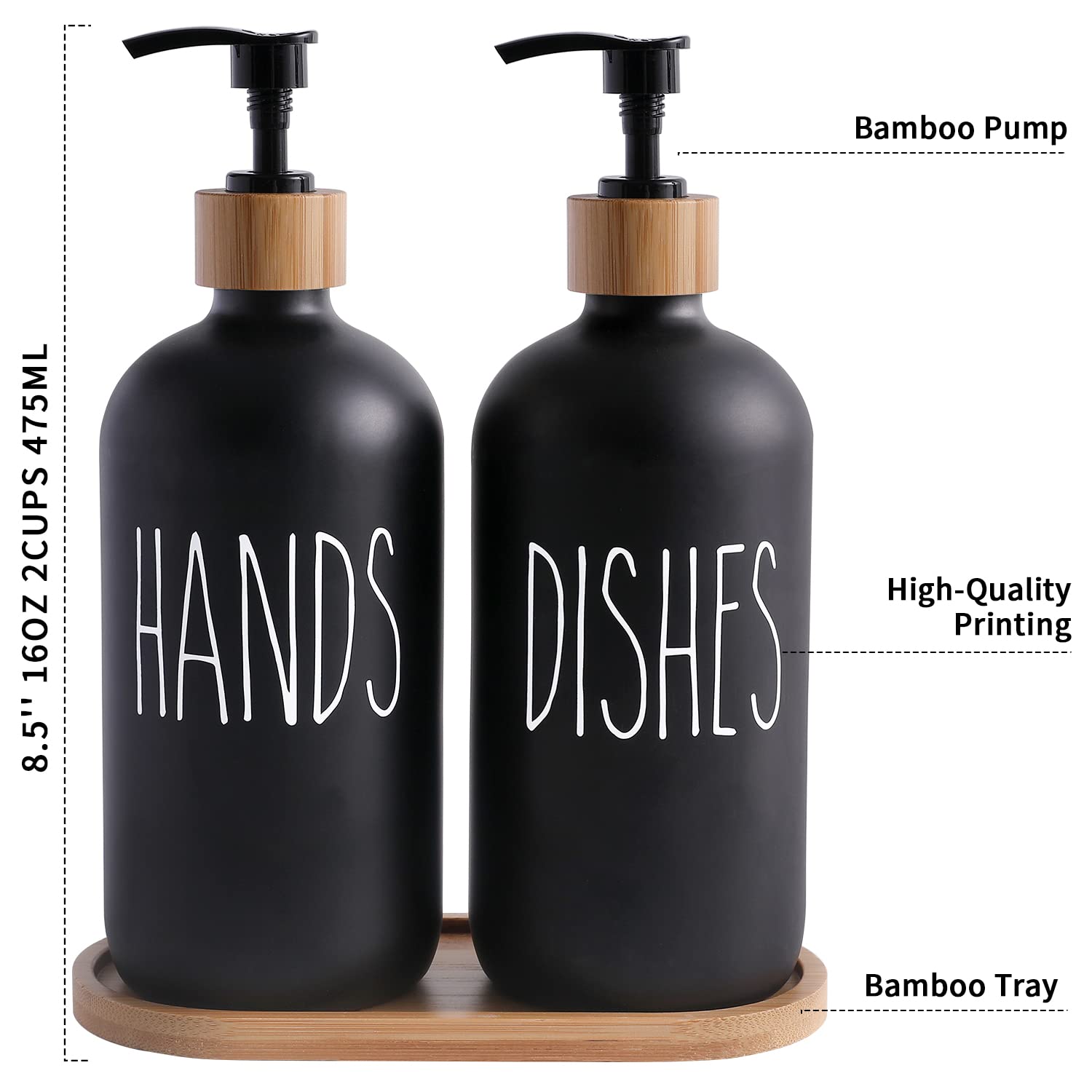 MOMEEMO Matte Black Glass Soap Dispenser Set - Hand and Dish Soap Dispensers Suitable for Rustic Kitchen Decor (Black)