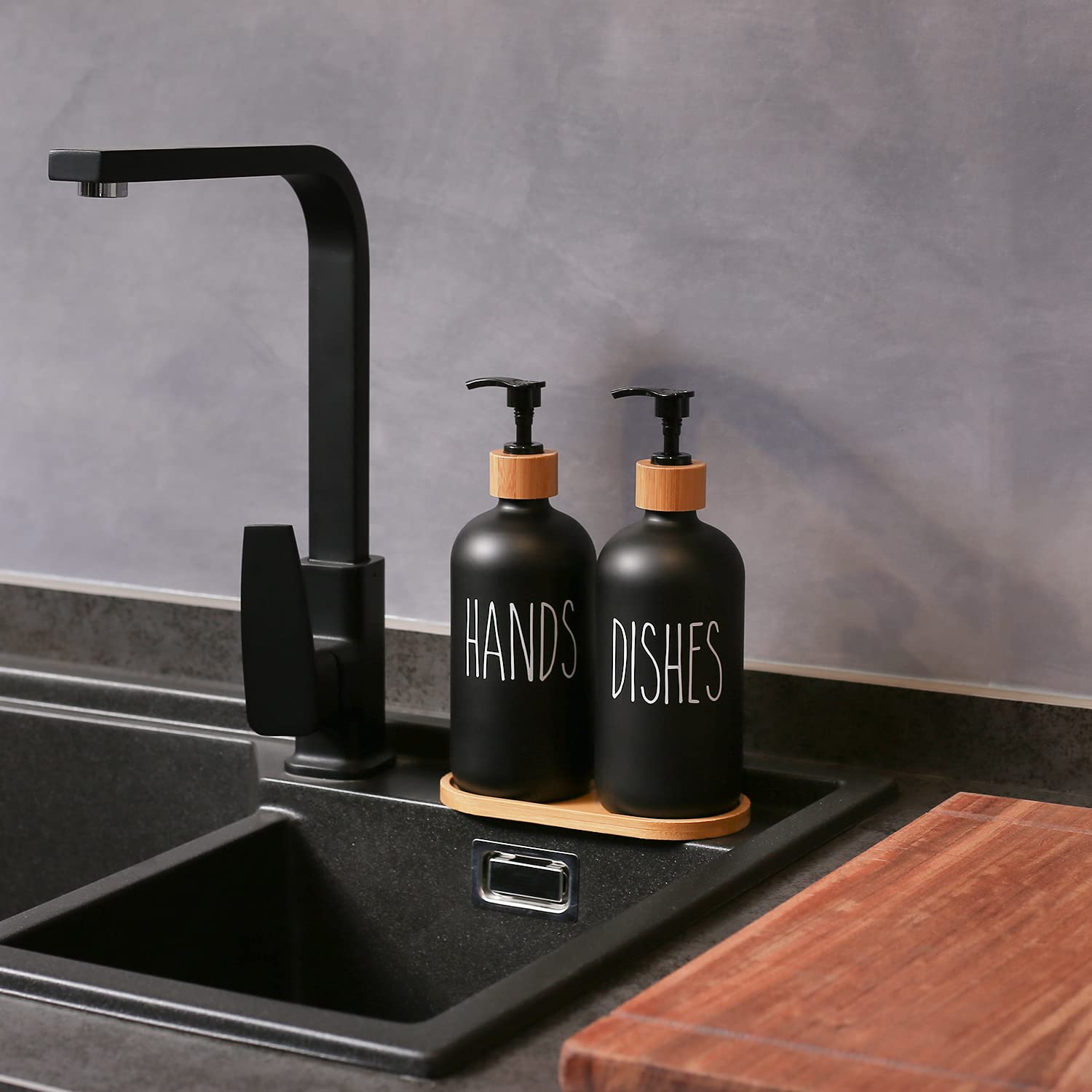 MOMEEMO Matte Black Glass Soap Dispenser Set - Hand and Dish Soap Dispensers Suitable for Rustic Kitchen Decor (Black)