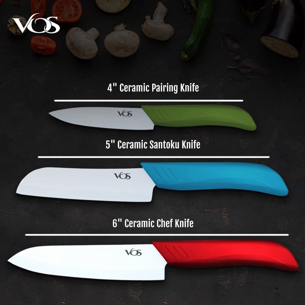 Vos Ceramic Knife Set, Ceramic Knives Set For Kitchen, Ceramic Kitchen Knives With Covers, Ceramic Paring Knife 4", 5", 6" Inch Multi Color