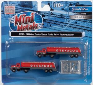 mini metals aw auto world classic metal works 1954 ford tractor w/tanker trailer (texaco) (2-pack) 1:160 n scale, orange