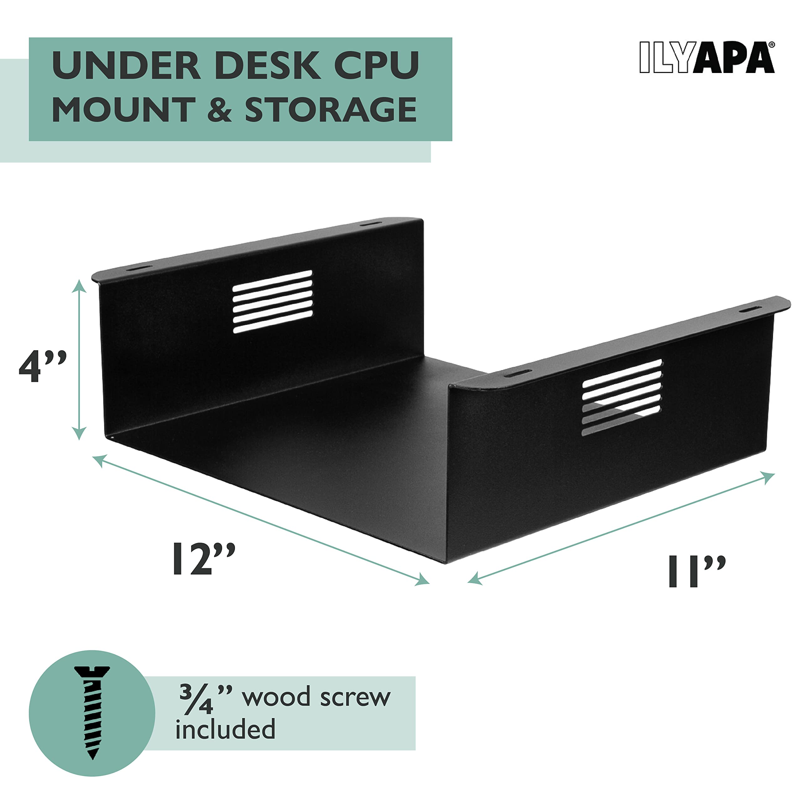 Ilyapa Under Desk CPU Mount, Steel Under Desk Computer Mount Vented Sides, Under Desk PC Mount, PC Wall Mount, Under Desk Laptop Mount Stand, Under Desk Mount Shelf for Storage Office Desk, 4x12x11