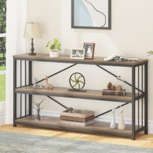 lvb industrial console sofa table, wood metal foyer hallway tables for entryway, wide front rustic entry way table with modern 3 tier long open storage shelf for home living room, rustic oak, 55 inch