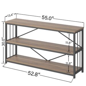 LVB Industrial Console Sofa Table, Wood Metal Foyer Hallway Tables for Entryway, Wide Front Rustic Entry Way Table with Modern 3 Tier Long Open Storage Shelf for Home Living Room, Rustic Oak, 55 Inch