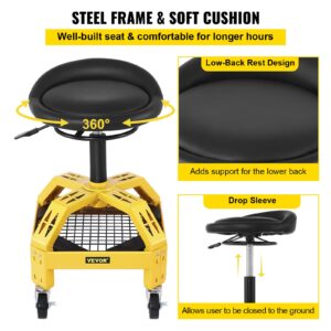 VEVOR Rolling Garage Stool, 300LBS Capacity, Adjustable Height from 24 in to 28.7 in, Mechanic Seat with 360-degree Swivel Wheels and Tool Tray, for Workshop, Auto Repair Shop, Yellow