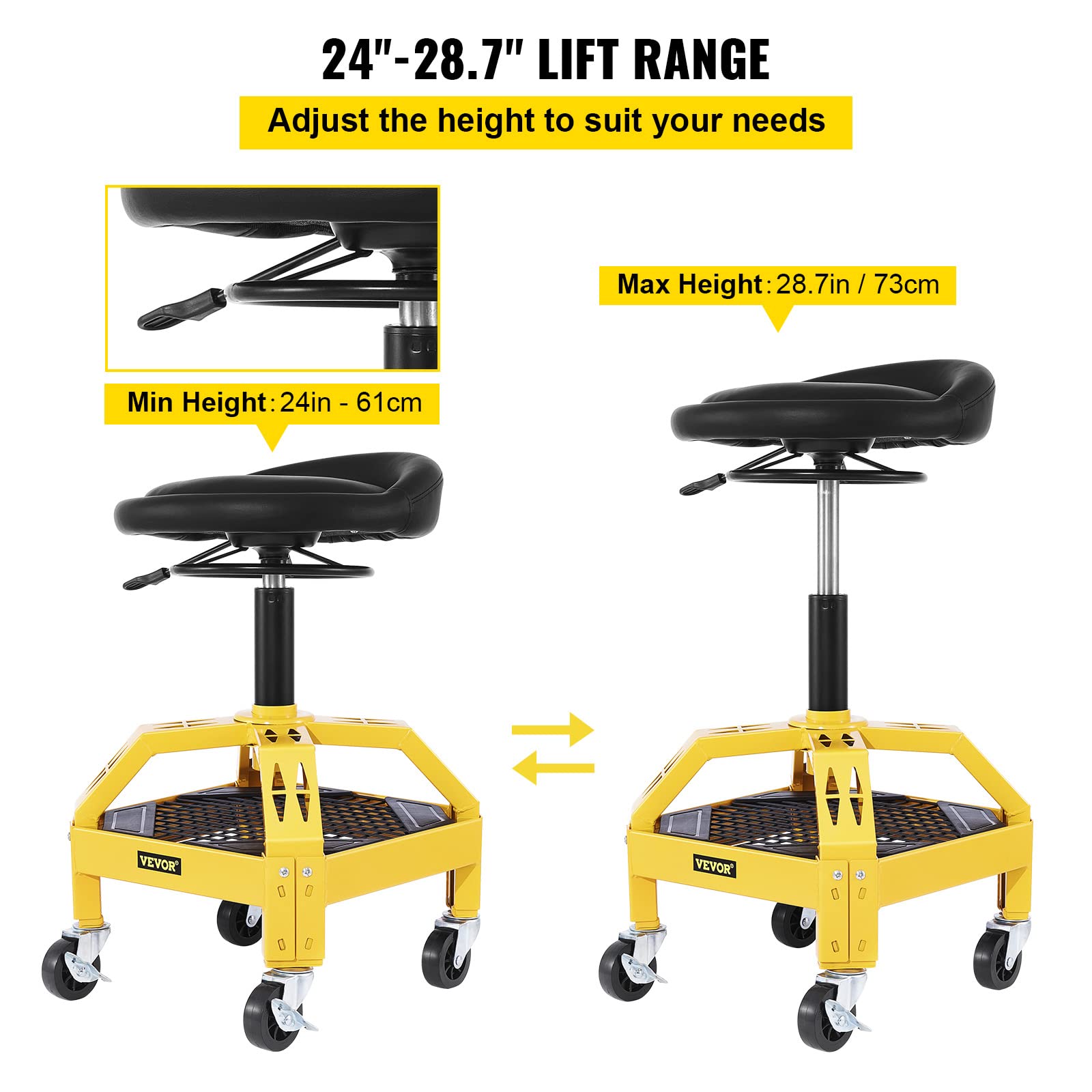 VEVOR Rolling Garage Stool, 300LBS Capacity, Adjustable Height from 24 in to 28.7 in, Mechanic Seat with 360-degree Swivel Wheels and Tool Tray, for Workshop, Auto Repair Shop, Yellow