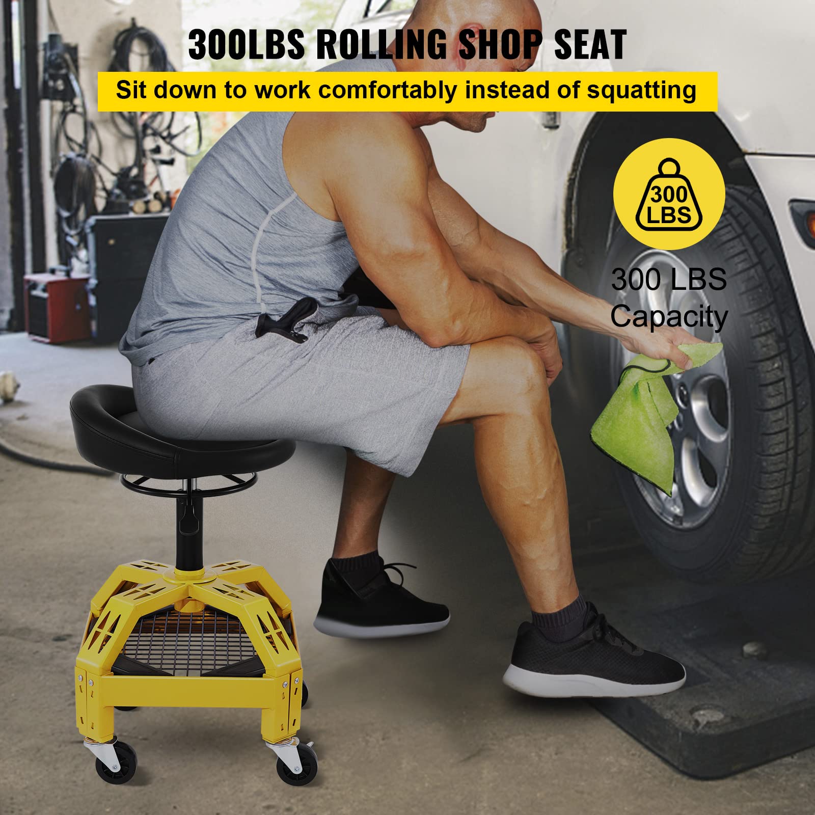 VEVOR Rolling Garage Stool, 300LBS Capacity, Adjustable Height from 24 in to 28.7 in, Mechanic Seat with 360-degree Swivel Wheels and Tool Tray, for Workshop, Auto Repair Shop, Yellow