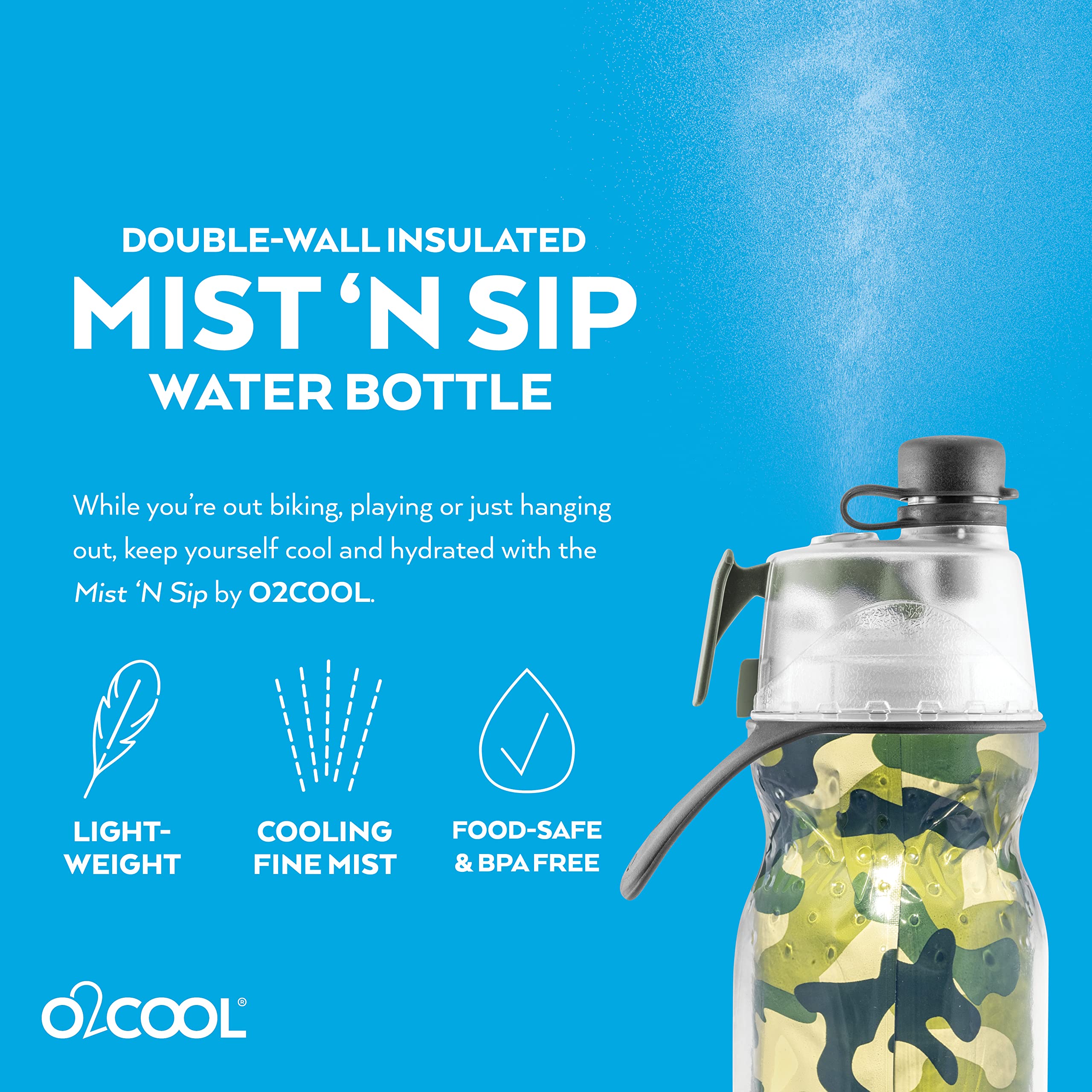 O2COOL Mist 'N Sip Misting Water Bottle 2-in-1 Mist And Sip Function With No Leak Pull Top Spout Sports Water Bottle Reusable Water Bottle - 20 oz (Green Camo)