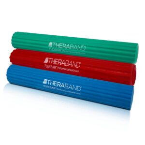 theraband flexbar, tennis elbow therapy bar, relieve tendonitis pain & improve grip strength, resistance bar for golfers elbow & tendinitis, 3 pack, light-medium-heavy, red/green/blue