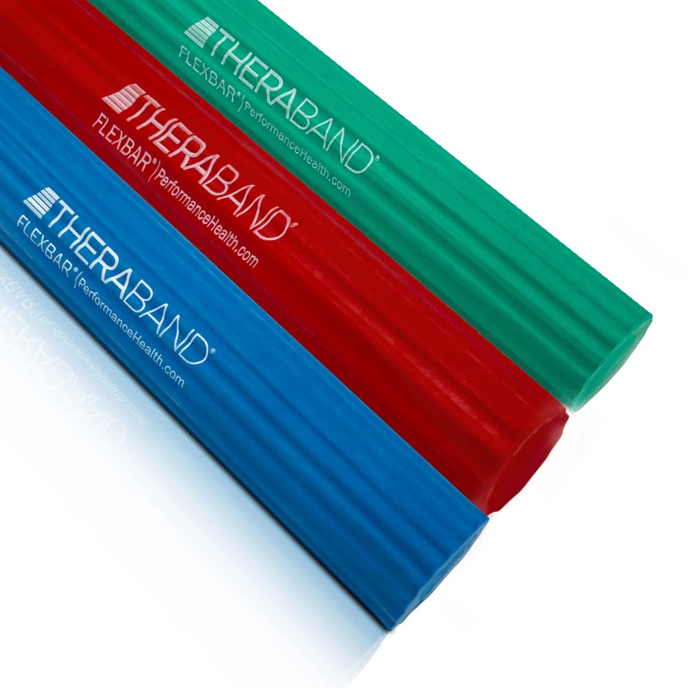 THERABAND FlexBar, Tennis Elbow Therapy Bar, Relieve Tendonitis Pain & Improve Grip Strength, Resistance Bar for Golfers Elbow & Tendinitis, 3 pack, Light-Medium-Heavy, RED/GREEN/BLUE