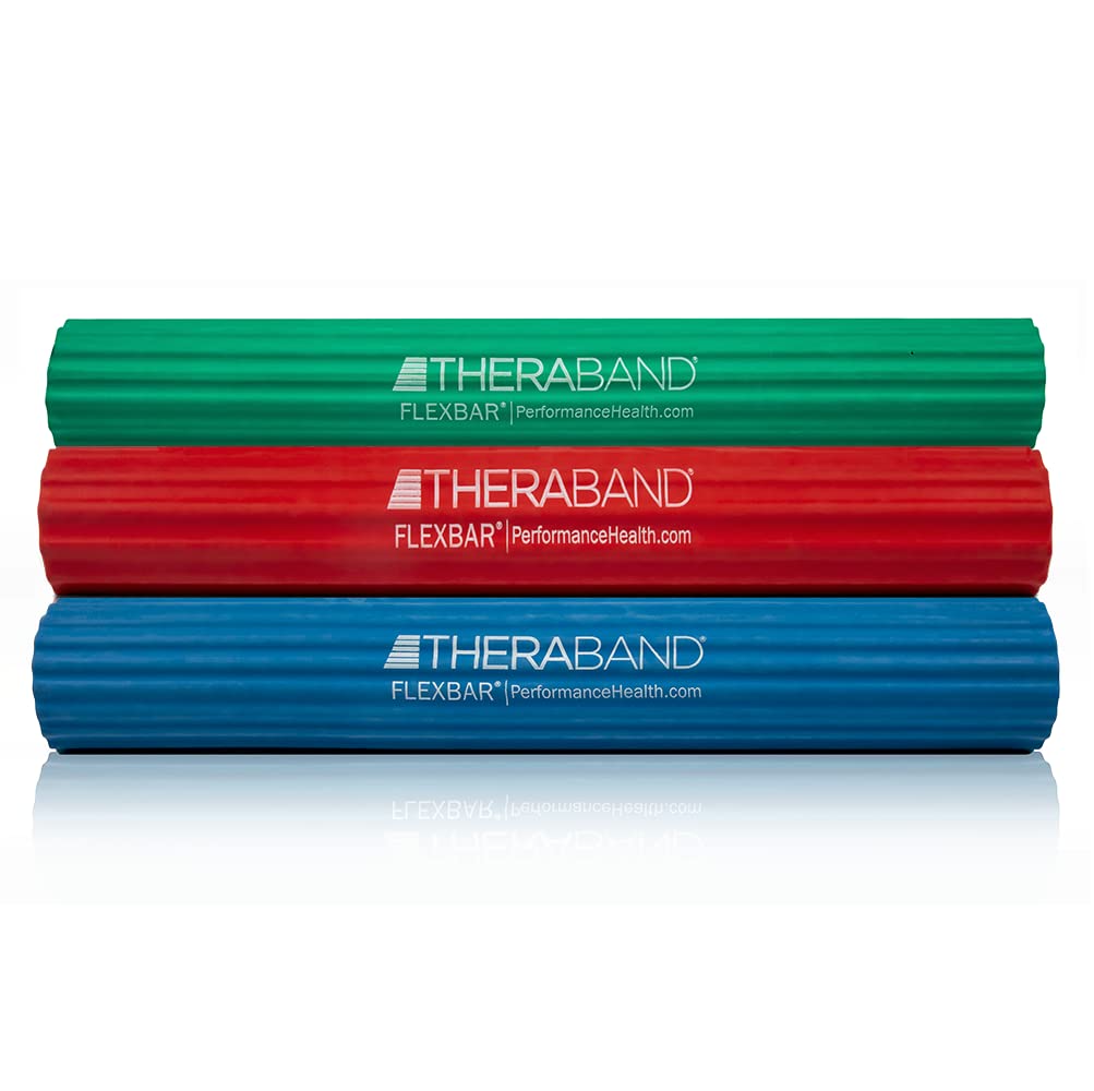 THERABAND FlexBar, Tennis Elbow Therapy Bar, Relieve Tendonitis Pain & Improve Grip Strength, Resistance Bar for Golfers Elbow & Tendinitis, 3 pack, Light-Medium-Heavy, RED/GREEN/BLUE