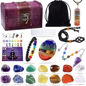 22pcs healing crystals set, chakra quartz kits in wooden box (7 raw and 7 tumbled chakra stones, lava bracelet, chakra necklace and amethyst pendulum, thumb worry stone, selenite charging plate, etc.)