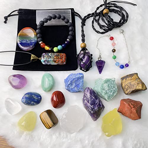 22Pcs Healing Crystals Set, Chakra Quartz Kits in Wooden Box (7 Raw and 7 Tumbled Chakra Stones, Lava Bracelet, Chakra Necklace and Amethyst Pendulum, Thumb Worry Stone, Selenite Charging Plate, etc.)