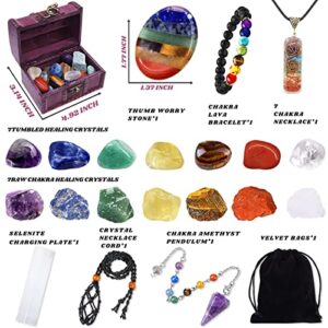 22Pcs Healing Crystals Set, Chakra Quartz Kits in Wooden Box (7 Raw and 7 Tumbled Chakra Stones, Lava Bracelet, Chakra Necklace and Amethyst Pendulum, Thumb Worry Stone, Selenite Charging Plate, etc.)