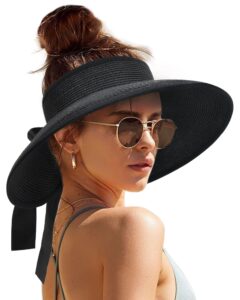 camptrace sun visors for women wide brim beach hat upf 50+ foldable straw visor hat ponytail summer packable black