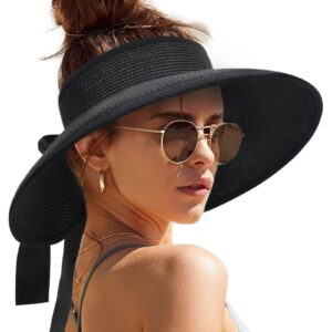 Camptrace Sun Visors for Women Wide Brim Beach Hat UPF 50+ Foldable Straw Visor Hat Ponytail Summer Packable Black