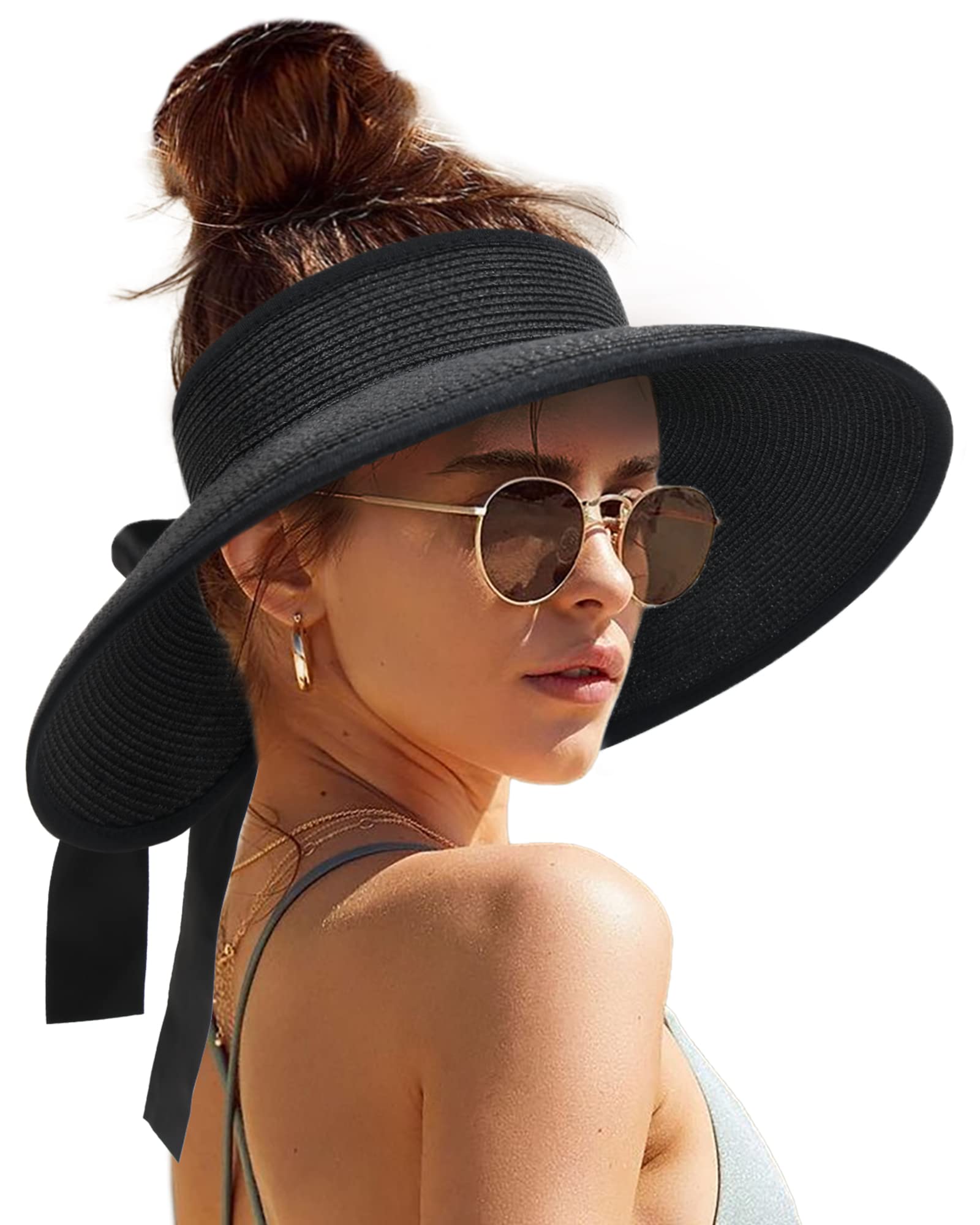 Camptrace Sun Visors for Women Wide Brim Beach Hat UPF 50+ Foldable Straw Visor Hat Ponytail Summer Packable Black