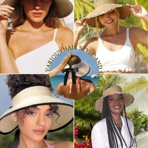 Camptrace Sun Visors for Women Wide Brim Beach Hat UPF 50+ Foldable Straw Visor Hat Ponytail Summer Packable Black