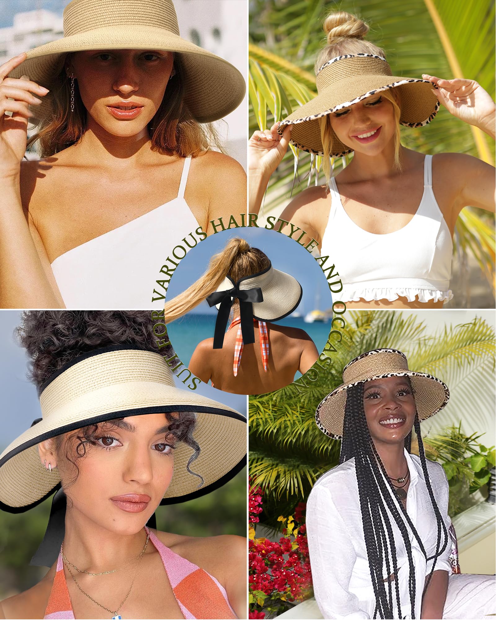 Camptrace Sun Visors for Women Wide Brim Beach Hat UPF 50+ Foldable Straw Visor Hat Ponytail Summer Packable Black