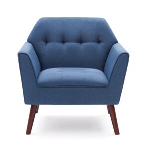 kingfun accent chairs for bedroom, midcentury modern living room accent arm chair, linen fabric comfy reading chair, tufted sofa chair, blue