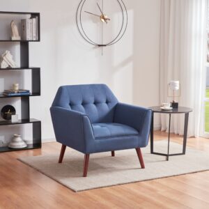 Kingfun Accent Chairs for Bedroom, Midcentury Modern Living Room Accent Arm Chair, Linen Fabric Comfy Reading Chair, Tufted Sofa Chair, Blue