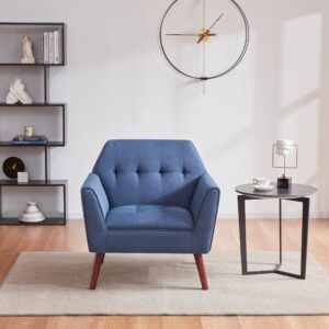 Kingfun Accent Chairs for Bedroom, Midcentury Modern Living Room Accent Arm Chair, Linen Fabric Comfy Reading Chair, Tufted Sofa Chair, Blue