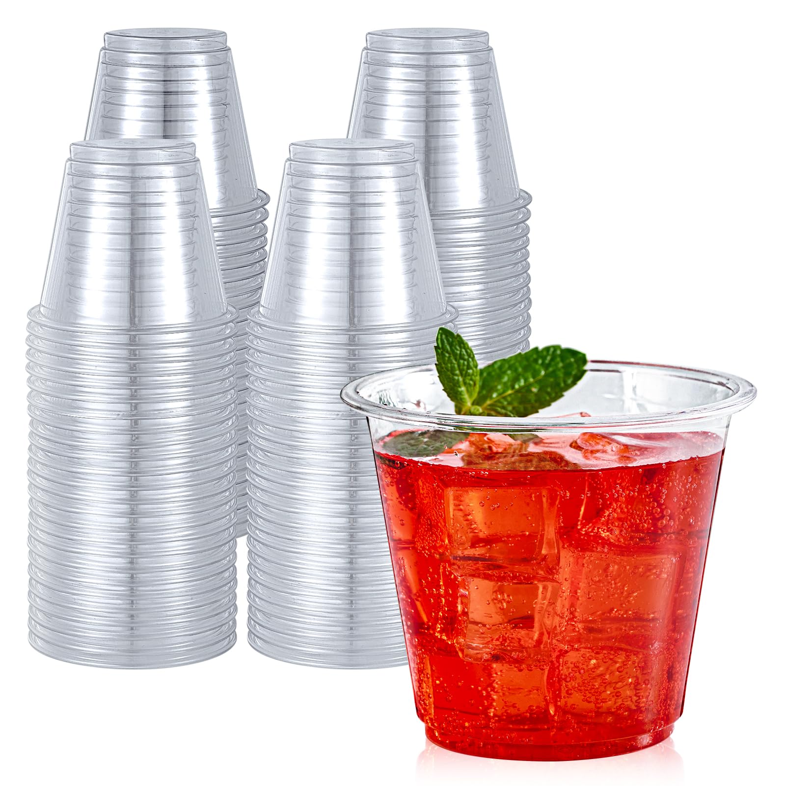 Turbo Bee 50 Pack 9oz Clear Plastic Cups,Disposable Crystal Drinking Cups,PET Plastic Party Cups for Wine,Juice,Iced Coffee and Cold Drinks