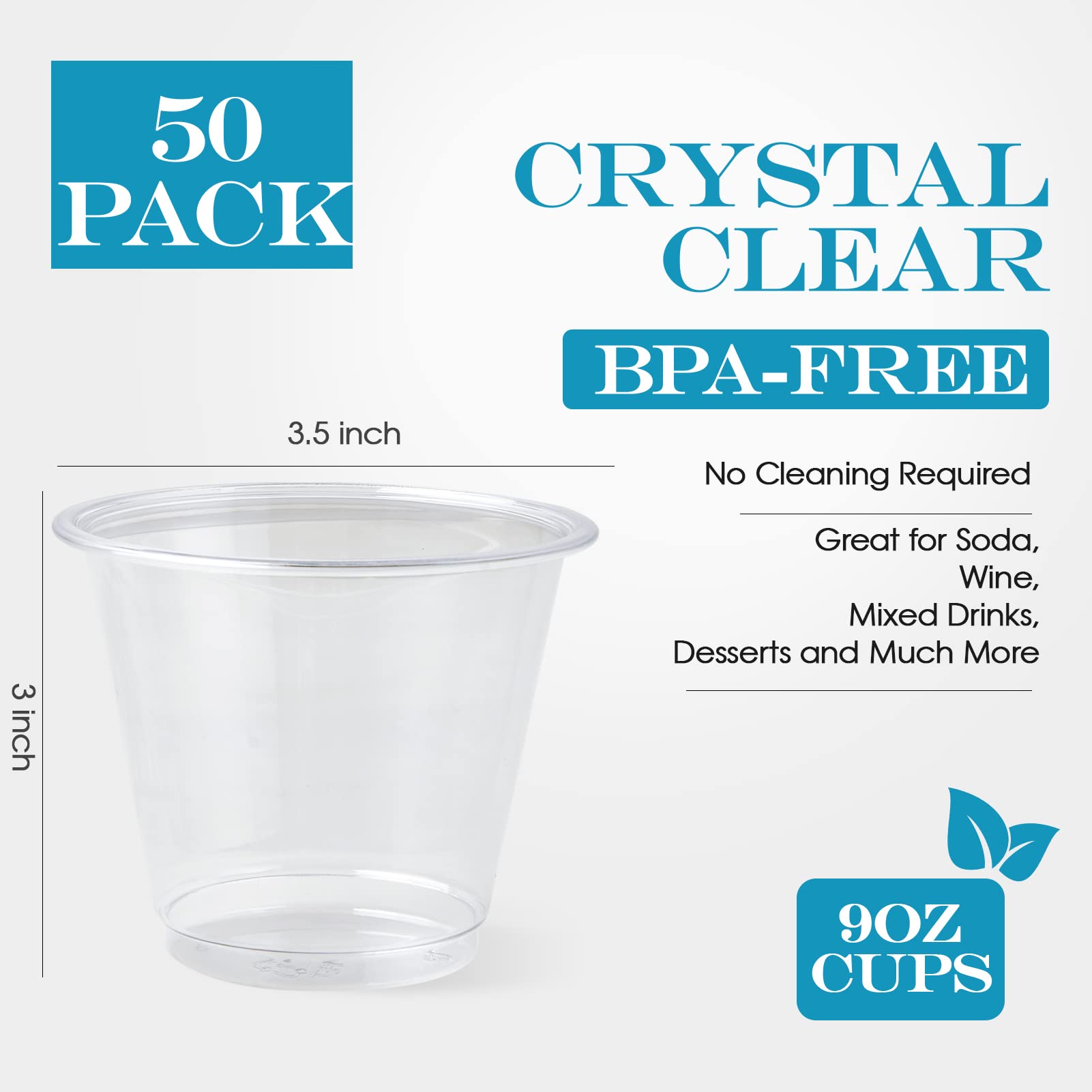 Turbo Bee 50 Pack 9oz Clear Plastic Cups,Disposable Crystal Drinking Cups,PET Plastic Party Cups for Wine,Juice,Iced Coffee and Cold Drinks