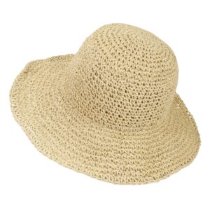 Womens Floppy Straw Sun Hat Foldable Packable Wide Brim Summer Beach Hat Crochet Bucket Hat (US, Alpha, One Size, Beige)