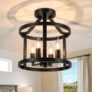 4-light farmhouse metal semi flush mount ceiling light fixture, industrial vintage matte black e12 candle ceiling lamp, rustic chandeliers for living room bedroom dining room entryway hallway kitchen