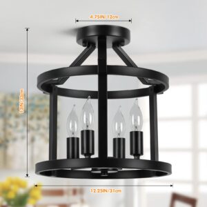 4-Light Farmhouse Metal Semi Flush Mount Ceiling Light Fixture, Industrial Vintage Matte Black E12 Candle Ceiling Lamp, Rustic Chandeliers for Living Room Bedroom Dining Room Entryway Hallway Kitchen