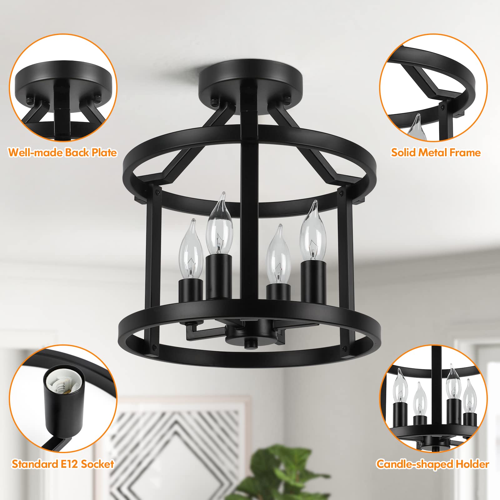 4-Light Farmhouse Metal Semi Flush Mount Ceiling Light Fixture, Industrial Vintage Matte Black E12 Candle Ceiling Lamp, Rustic Chandeliers for Living Room Bedroom Dining Room Entryway Hallway Kitchen