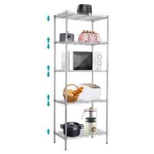 bnsply 5 tier wire shelving unit, adjustable wire rack shelving, changeable metal wire storage shelves for kitchen, laundry, bathroom, balcony, pantry (11.4" d x 21.3" w x 59" h, silver)