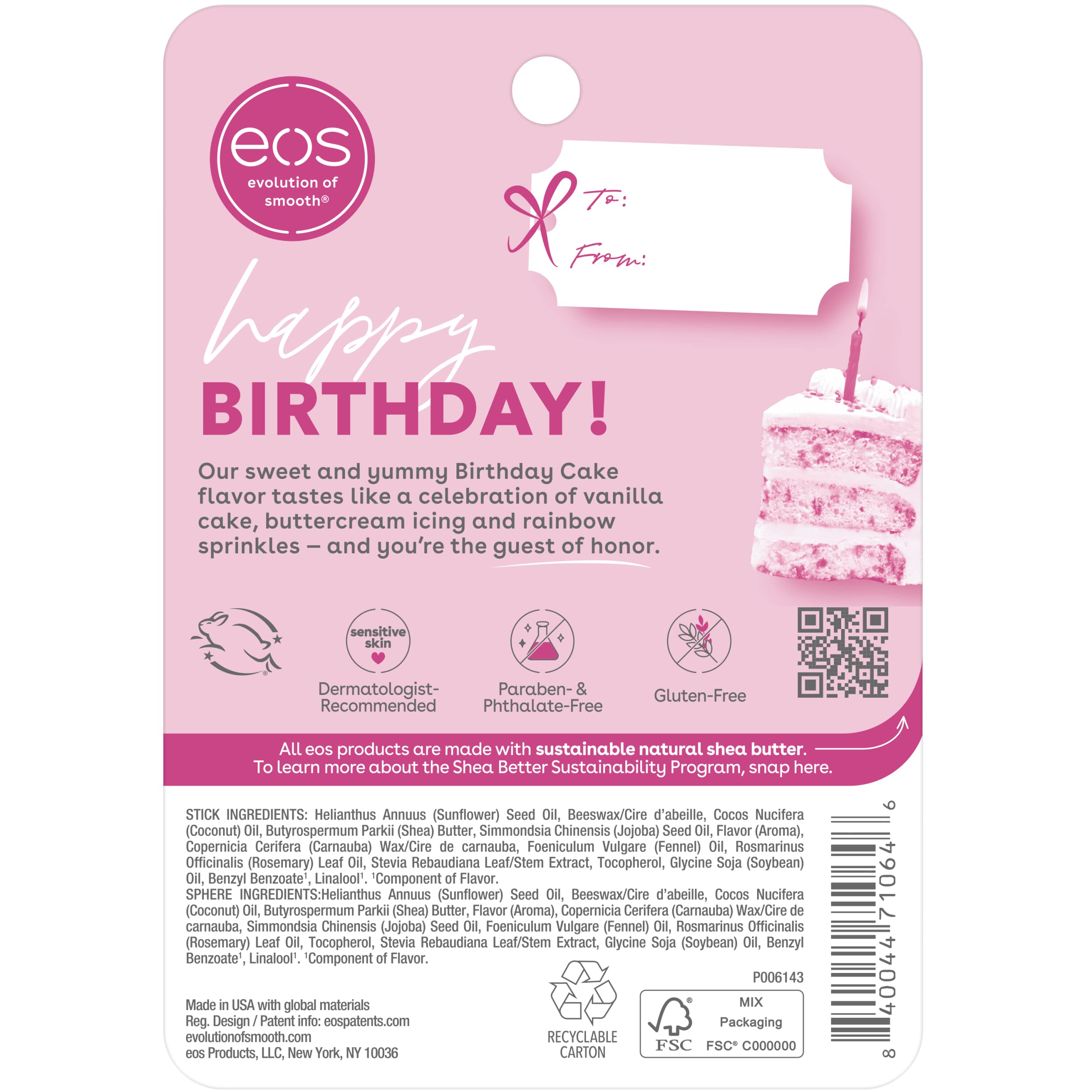 eos Natural Shea Lip Balm- Birthday Cake, All-Day Moisture Lip Care Products, 0.39 oz