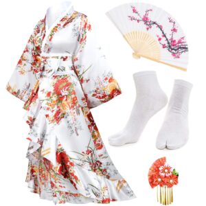 japanese anime women's kimono robe geisha yukata sweet tuxedo ruffle dress blossom satin bathrobe sleepwear fans tabi socks set white s