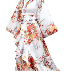 Japanese Anime Women's Kimono Robe Geisha Yukata Sweet Tuxedo Ruffle Dress Blossom Satin Bathrobe Sleepwear Fans Tabi Socks Set White S