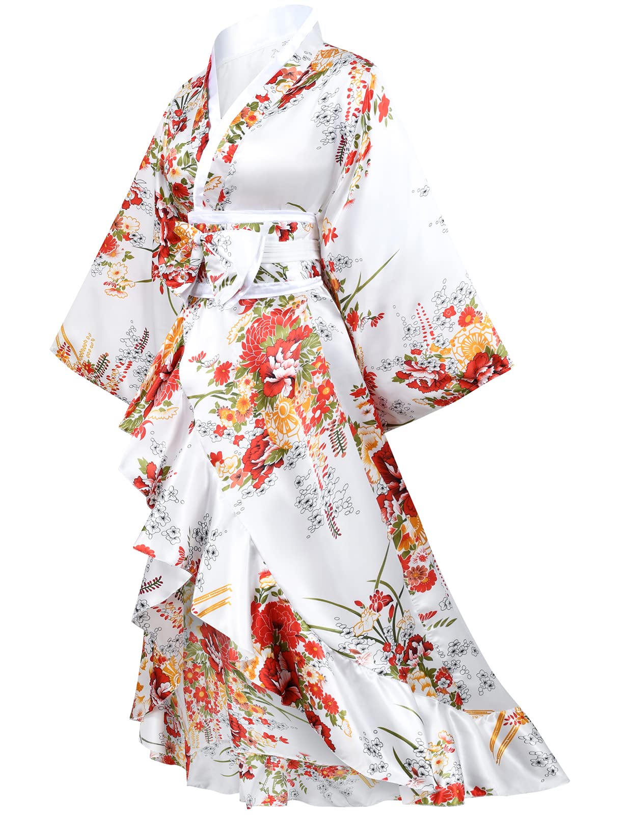 Japanese Anime Women's Kimono Robe Geisha Yukata Sweet Tuxedo Ruffle Dress Blossom Satin Bathrobe Sleepwear Fans Tabi Socks Set White S