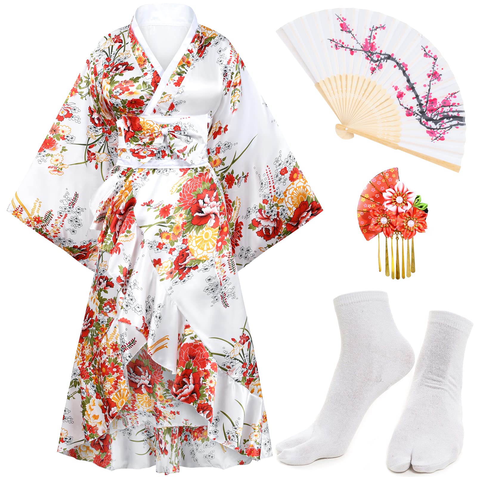 Japanese Anime Women's Kimono Robe Geisha Yukata Sweet Tuxedo Ruffle Dress Blossom Satin Bathrobe Sleepwear Fans Tabi Socks Set White S