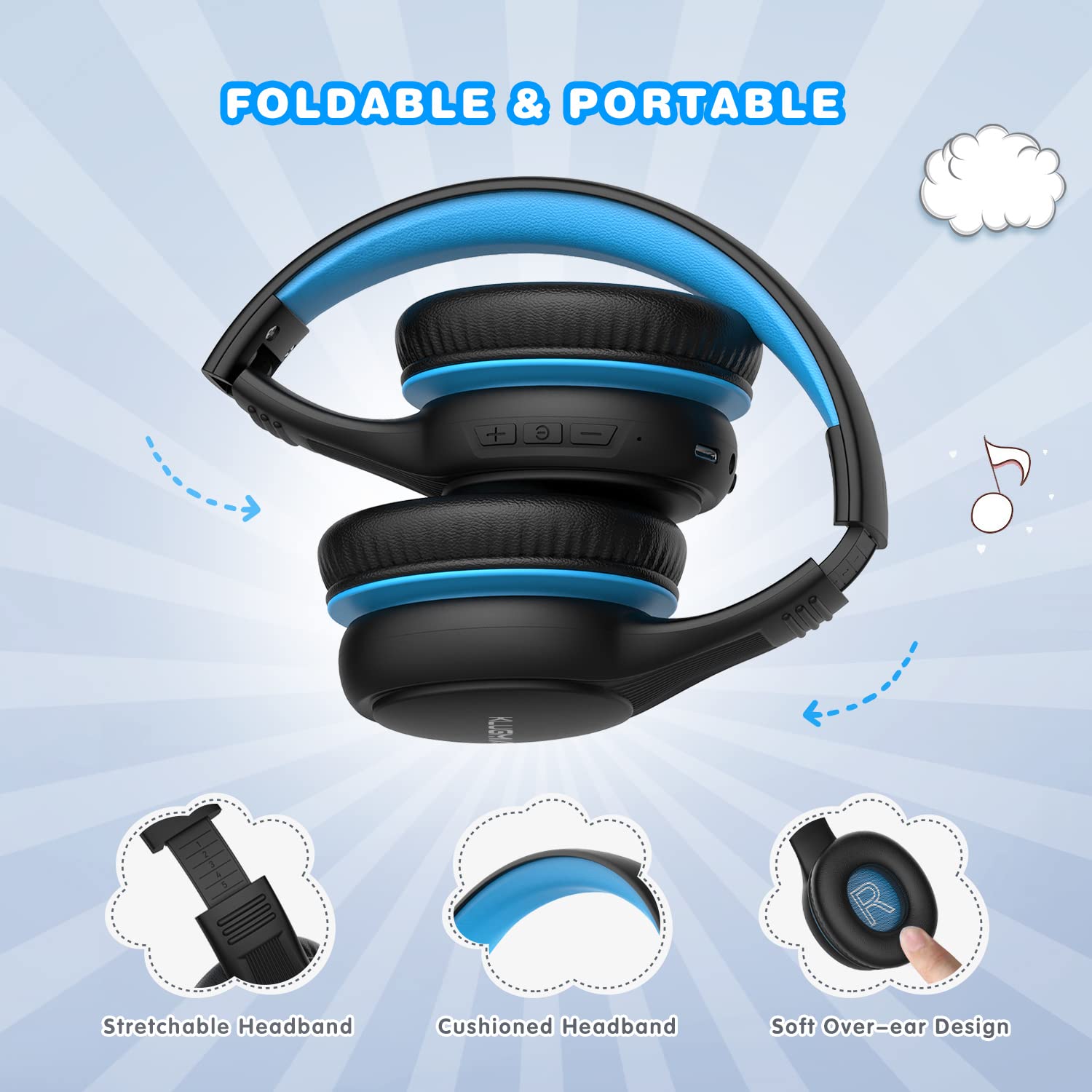 KLUGMIA Kids Bluetooth Headphones, 85/94dB Volume Limited kids headphones, Over Ear Toddler Headphones with Built-in Mic, Bluetooth 5.0, Foldable Wireless Headphones for Kids (black blue)