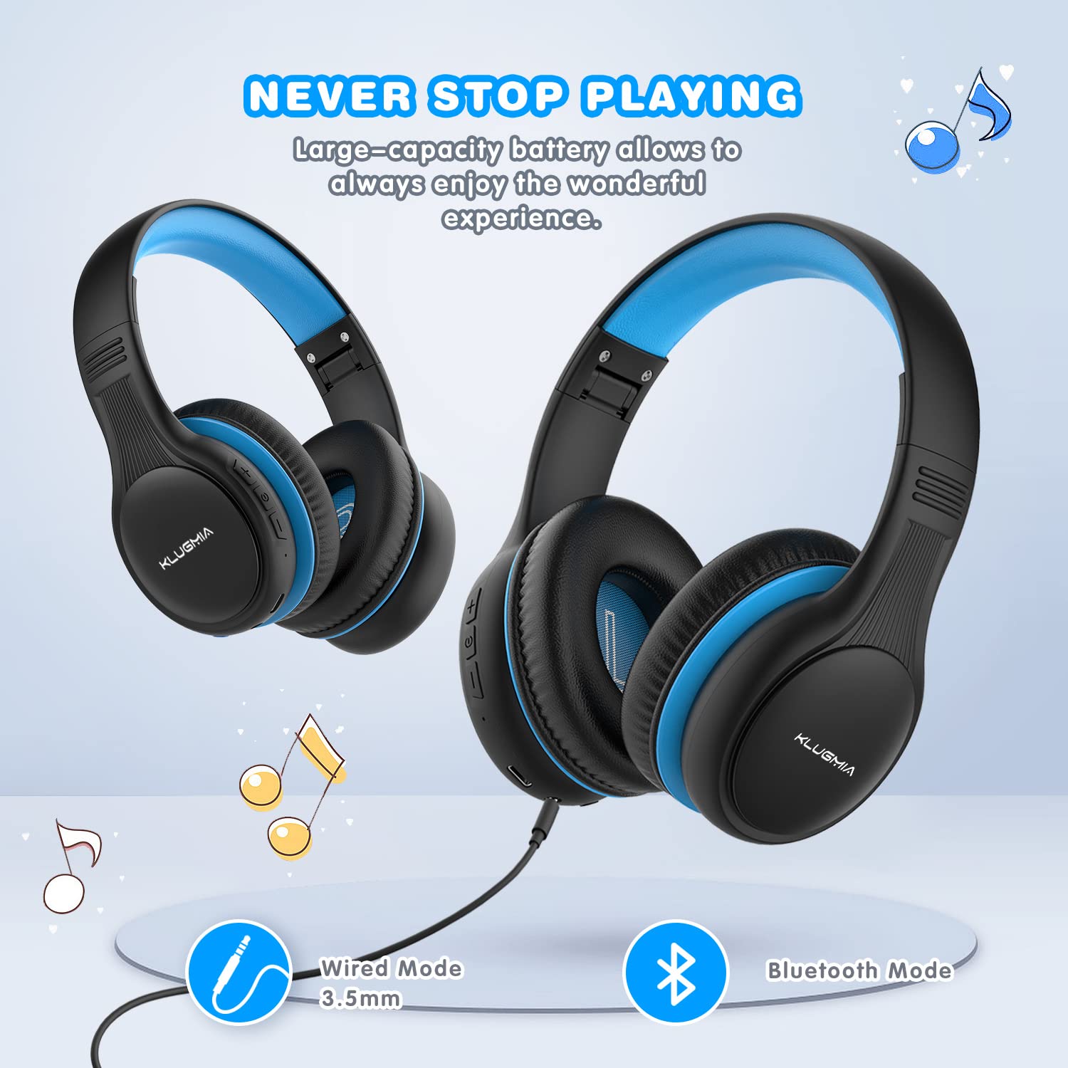 KLUGMIA Kids Bluetooth Headphones, 85/94dB Volume Limited kids headphones, Over Ear Toddler Headphones with Built-in Mic, Bluetooth 5.0, Foldable Wireless Headphones for Kids (black blue)