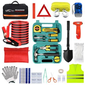 car emergency roadside tool kit,road side safety assistance kit for women men adult,auto truck vehicle emergency bag with shovel jumper cable first aid kit blanket front rear cover alignment tool