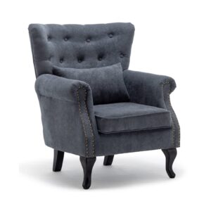 accent chairs, mid century modern armchair with rivet roll arm, brushed linen tufted wingback boho chair for living room, bedroom, lounge, vanity, reading (gray)