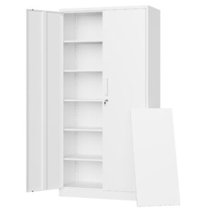 letaya metal storage cabinets with lock door,steel locker garage cabinets 5 adjustable shelves for home,office, warehouse(white)