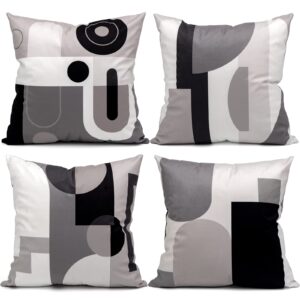 whim-wham set of 4 black and white throw pillows for couch 18x18 inches grey silver boho decorative pillow covers abstract art geometric modern pillowcases for bed sofa cushion bedroom.