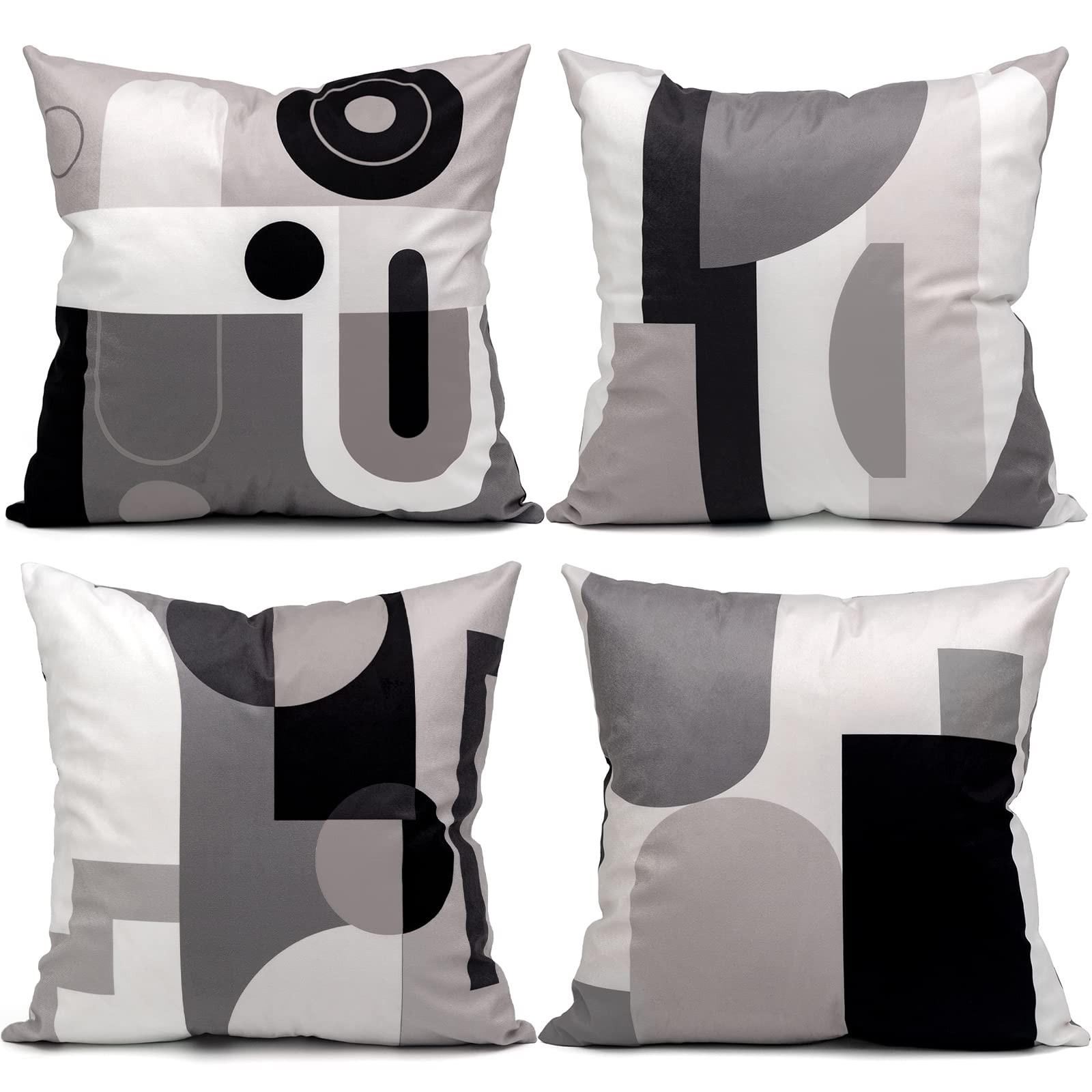 Whim-Wham Set of 4 Black and White Throw Pillows for Couch 18x18 inches Grey Silver Boho Decorative Pillow Covers Abstract Art Geometric Modern Pillowcases for Bed Sofa Cushion Bedroom.