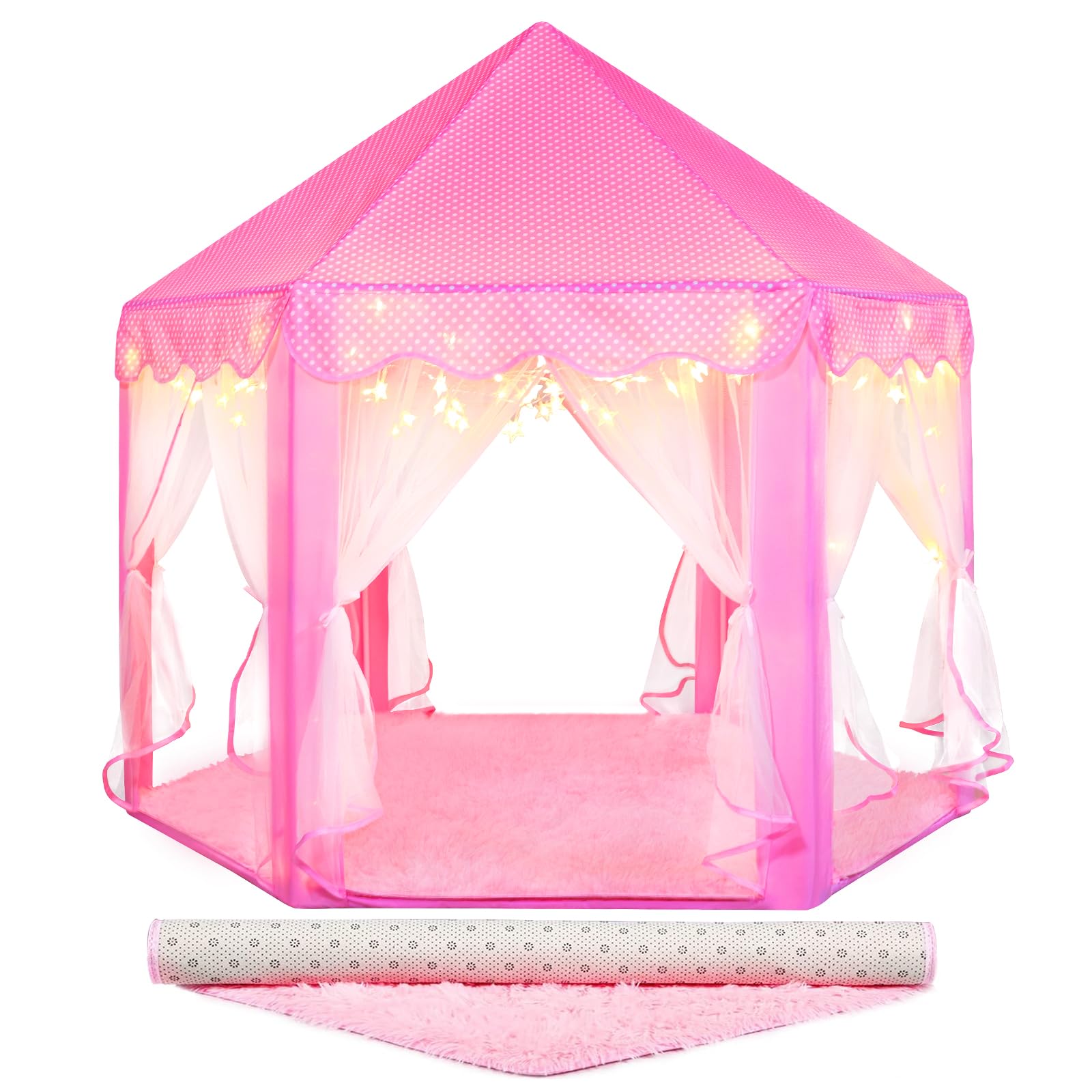 Senodeer Princess Tent for Girls Indoor: with Rug, Star Lights - Pink Play Tent for Kids, Girls Toys for Indoor and Outdoor Games, Princess Castle Playhouse